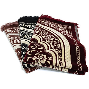 Modefa Turkish Islamic Velvet Prayer Rug - Thick Wide Soft Prayer Carpet - Men & Women - Large Prayer Mat - Eid & Ramadan Gift - with Kufi Cap Beads & Car Hanger - Double Plush Floral Black