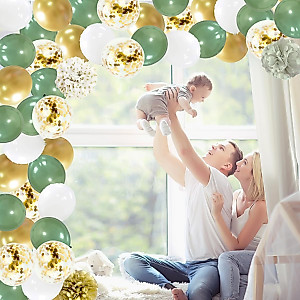 Sage Green Birthday Party Decorations for Women - Green and Gold Bridal Shower Decorations Balloon Arch Kit Tissue Pom Poms Green Boho Party Decor for Safari Jungle Baby Shower Wedding