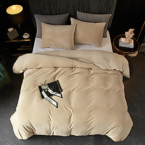 Ivellow Velvet Duvet Cover Queen Set Khaki Velvet Duvet Cover Queen Comforter Cover 3Pcs Ultra Soft Duvet Cover Breathable Solid Luxury Flannel Velour Duvet Cover Zipper Closure Corner Tie