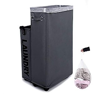 Laundry Hamper, Caroeas 27.5-inches Rolling Laundry Basket Collapsible Tall Slim Laundry Hamper with Washable & Breathable Mesh Liner Waterproof & Dustproof Laundry Cart on Wheels
