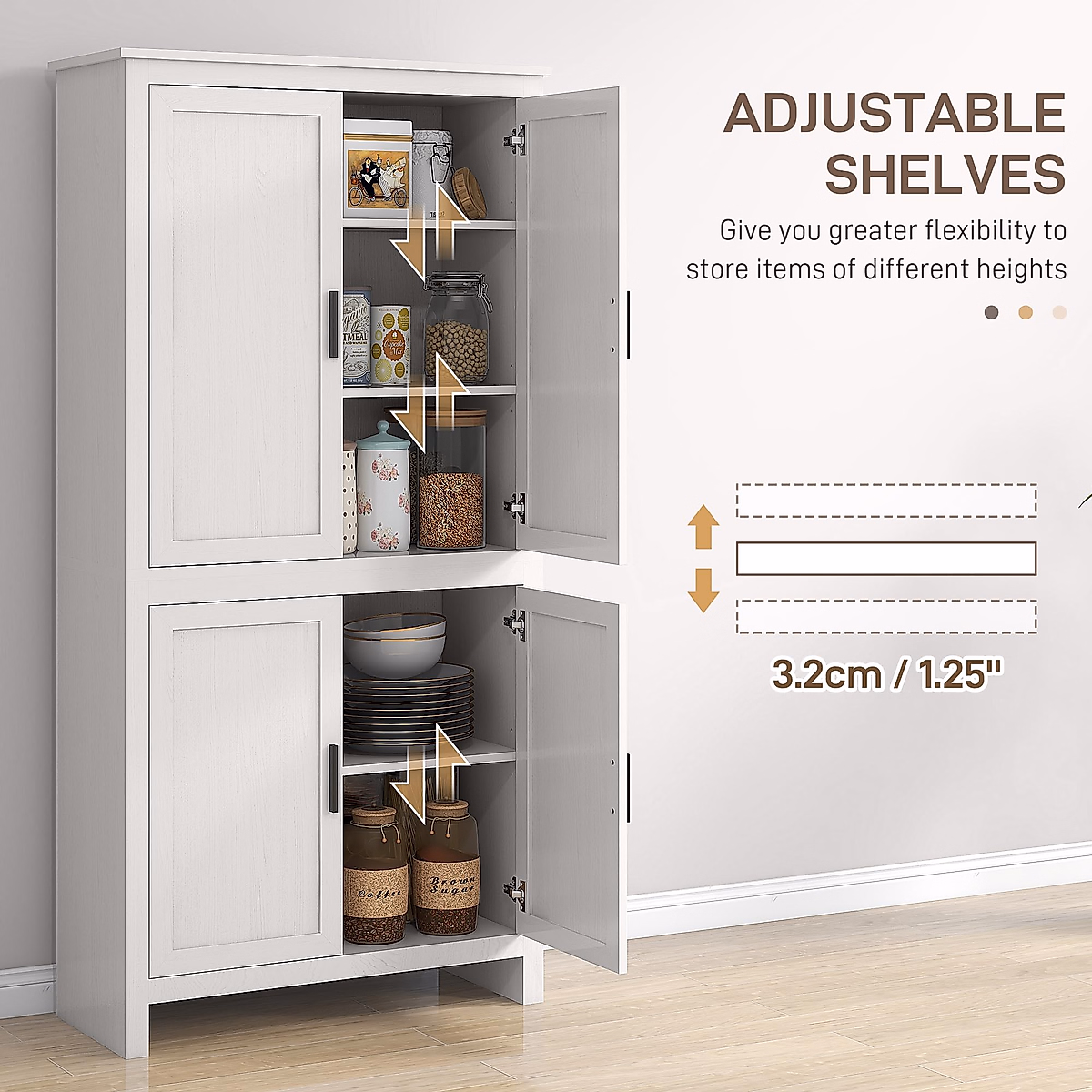 HOMCOM 64" Kitchen Pantry Cabinet, Freestanding Storage Cabinet with 4 Doors and 3 Adjustable Shelves for Dining Room, White