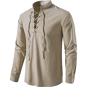 AIFARLD Men's Long Sleeve Shirts Retro Style Lace up for Medieval Viking Hippie Halloween Cosplay Pirate Renaissance Costume Khaki