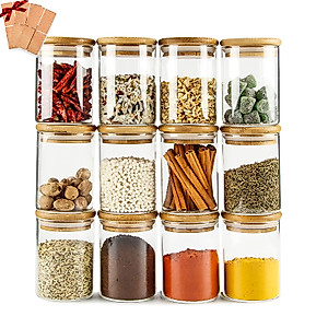 Glass Jars Set of 12, Chrider Spice Glass Jars with Bamboo Wooden Airtight Lids and Labels, Food Storage Containers for Home Kitchen, Tea, Sugar, Salt, Pepper, Spices, Coffee, Flour, Herbs, Grains