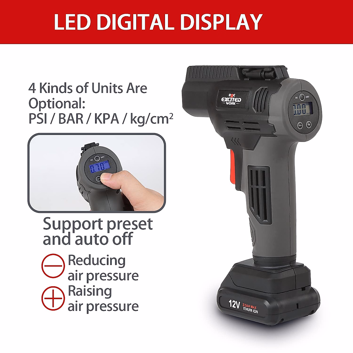 Excited Work 12V Portable Air Compressors Cordless Tire Inflator, 2.0 Ah Rechargeable Battery and Quick Charger, Max 150PSI, with 3 Nozzles, 4 Unit Meters, Fits Cars Motorcycles etc