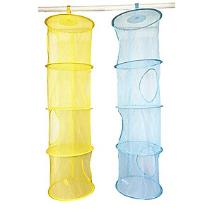 Goldenvalueable Hanging Mesh Space Saver Bags Organizer 4 Compartments Toy Storage Basket for Kids Room organization mesh hanging bag 2 Pcs Set, Blue and Yellow