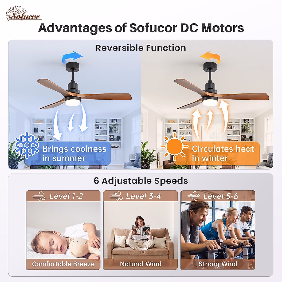 Sofucor 52 inch Solid Wood Ceiling Fan with Lights and Remote, Low Profile Brown Black Ceiling Fan with 3 Downrod, Outdoor Indoor Modern 3 Blade Ceiling Fan for Living Room Bedroom Farmhouse Patio