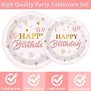 96 Pieces Pink Birthday Tableware Set for Pink Rose Gold Birthday Table Decorations Supplies Birthday Dessert Plates Napkins Forks Women Birthday Disposable Party Favors 24 Guests