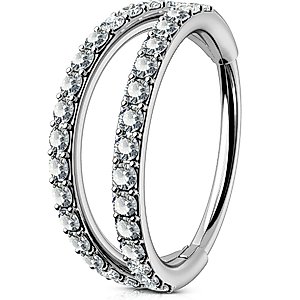 OUFER Nose Rings Hoops, 20G G23 Solid Titanium Nose Piercings, Double Row Diamonds Hoop Nose Ring, Double Nose Ring for Single Piercing, Conch Helix Daith Lip Piercing Jewelry-Silver 8MM
