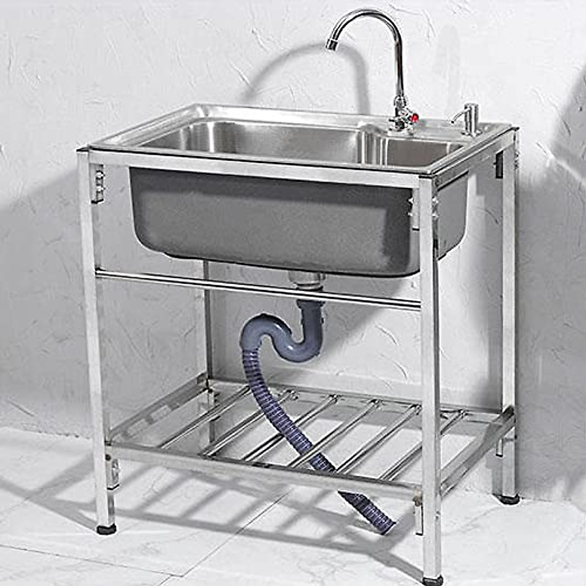Commercial Utility Sink 304 Stainless Steel Free Standing Camping Sink with Faucet Storage Shelve,Outdoor Kitchen Washing Station for Garage Farmhouse
