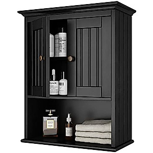 Treocho Wood Wall Cabinet Bathroom Medicine Cabinet Storage with Doors and Adjustable Shelf Wall Mount for Bathroom, Livingroom, Kitchen, Cupboard, Black