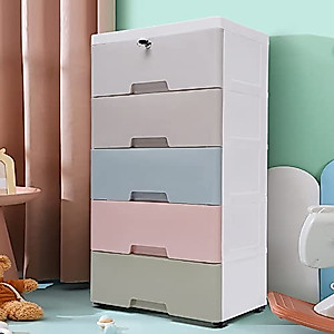 5 Drawers Plastic Drawers Dresser, Tall Standing Organizer Unit Chests with Wheels, Storage Closet Cabinet Clothes Toys Snacks Organizer Storage Tower (Macaron Color)