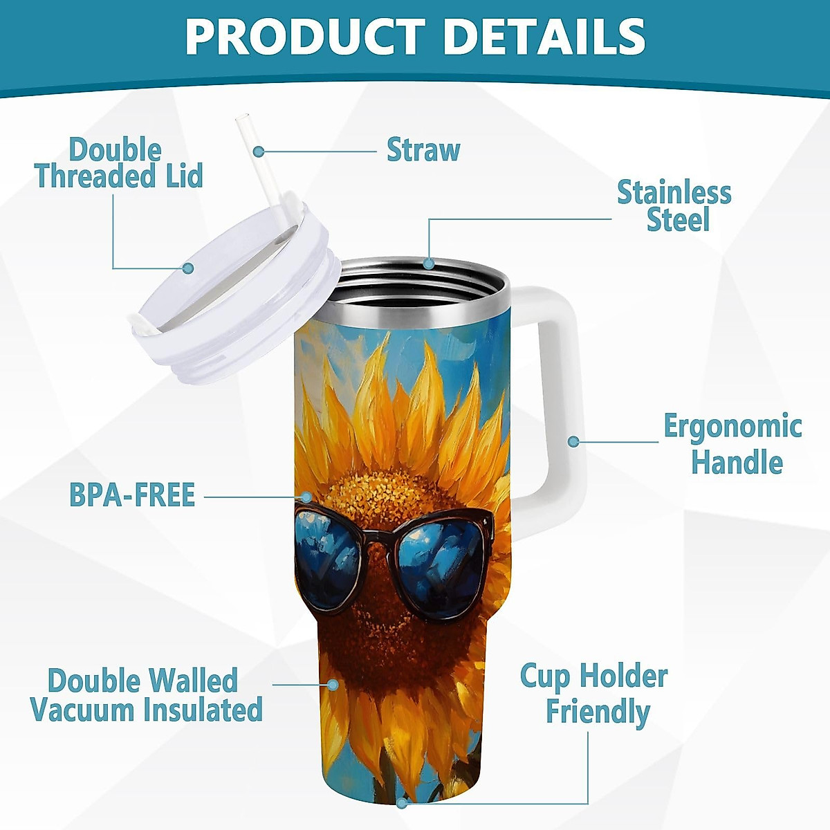 Jihqo Funny Sunflower in Sunglasses 40 oz Stainless Steel Vacuum Insulated Tumbler with Handle and Straw Lid, Leakproof Water Bottle Double Wall Travel Mug Coffee Cup, Cupholder Friendly