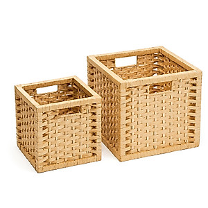 Wicker Basket with Built-In Handle, Handmade Square Wicker Basket for Shelf, Paper Wicker Cube Storage Bins for Book/Magazine/Blanket/Toy/Snack, Set of 2, Small and Large, 11.8 * 11.8 * 11.2 Inch