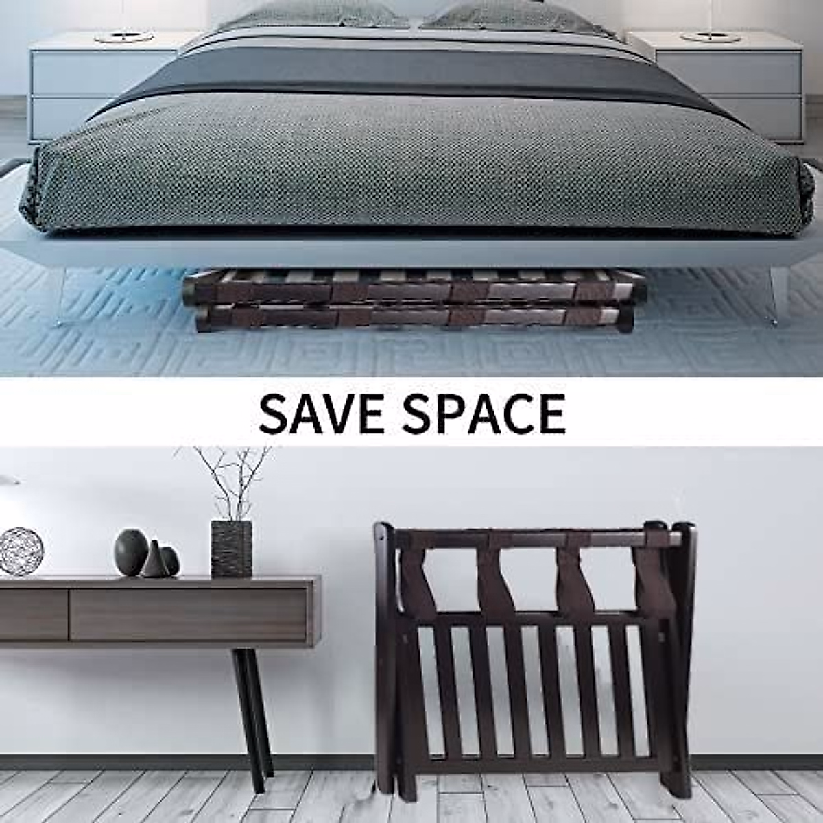 MYOYAY Folding Luggage Rack Bamboo Wood Collapsible Suitcase Stand with Shelf Portable Luggage Holder Ideal for Guest Room Bedroom Hotel, Black