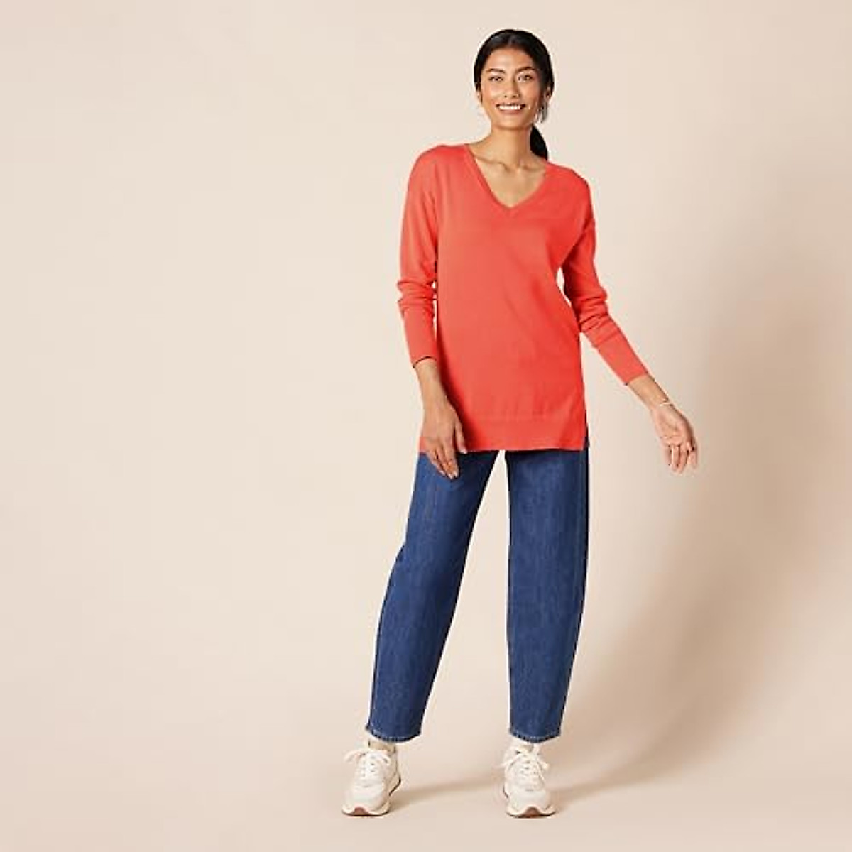 Amazon Essentials Women's Lightweight Long-Sleeve V-Neck Tunic Sweater (Available in Plus Size), Coral Pink, Medium