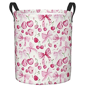 Delerain Pink Bows Cherries Laundry Basket, Waterproof Laundry Hamper with Handles, Collapsible Toy Bins Dirty Clothes Round Storage Basket for Home Bathroom Office Nursery, 19.6X15.7(M)