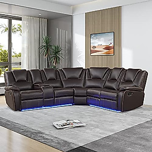 Modern Manual Reclining Motion Corner Sectional Sofa ,5 Seaters PU Leather Recliner Sofa & Couch Curved L-Shaped Couch W/ LED Strip, Console Storage and 2 Cup Holders for Living Room Furniture Sets