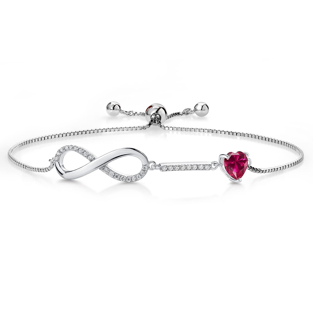 Gem Stone King 925 Sterling Silver Heart Shape 6MM Gemstone Birthstone and White Moissanite Infinity Tennis Bracelet For Women Fully Adjustable Up to 9 Inch