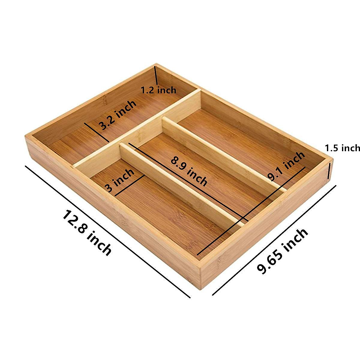 2 Pack Utensil Bamboo Silverware Organizer - 4 Compartments - Bamboo Hardware Jewelry Drawer Holder Kitchen Knives Tray Organizer