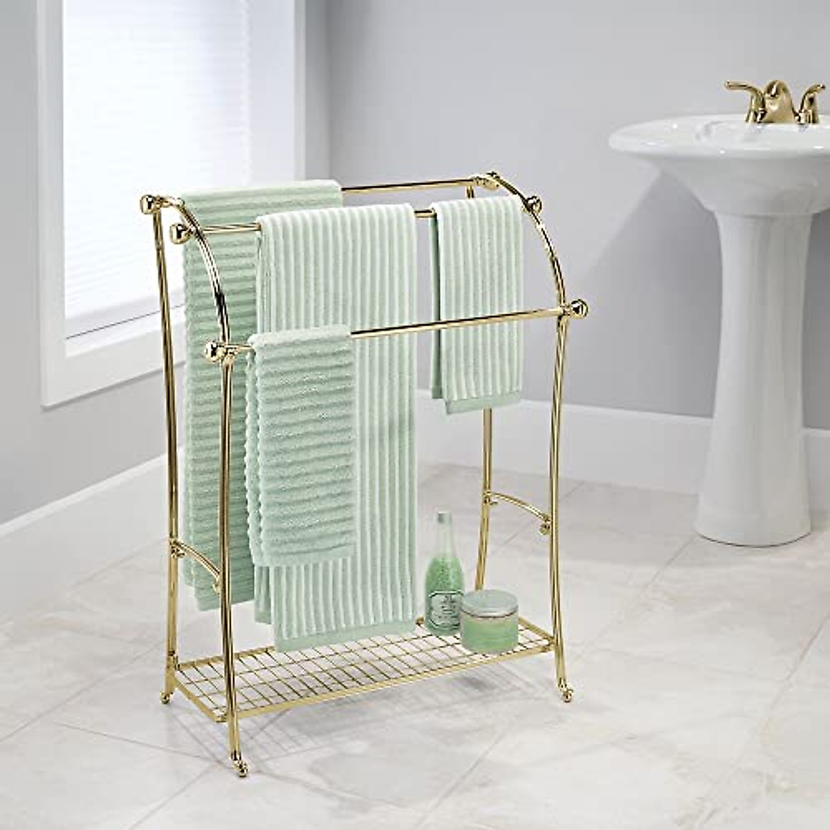 mDesign Large Standing Metal Bathroom Towel Holder Stand with Shelf - 3-Tier Towel Rack Stand for Hanging Bath, Hand, and Fingertip Towels - Towel Stand for Bathroom - Hyde Collection - Soft Brass