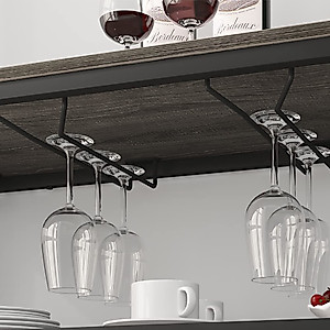 LVB Wine Rack Table, Liquor Bar Cabinet Freestanding Floor, Wooden Rustic Wine Storage with Wine Shelf and Glass Holder, Metal and Wood Modern Wine Cabinet for Home with Bottle Rack, Dark Gray Oak