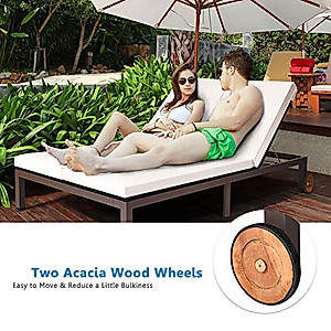 HAPPYGRILL 2-Person Patio Lounge Chair Rattan Wicker Chaise Lounge with Adjustable Backrest, Outdoor Loveseat Sofa Daybed with Wheels & Cushion for Garden Lawn Backyard