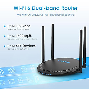WAVLINK WiFi 6 Router,AX1800 Wireless Router, Dual Band Gigabit WiFi Internet up to 1,500 sq. ft and 64+ Devices, Router, TouchLink, Parental Control, QoS,for Home