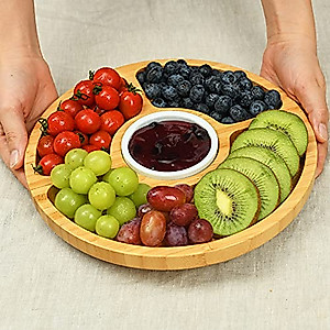 ROYAMY Bamboo Cheese Charcuterie Board and Knife Set Cheese Serving Board with Round Tray Wooden Cheese Platter Set,Cheese Tray, Perfect for Christmas, Anniversary,Wedding,Housewarming Gift Ideas