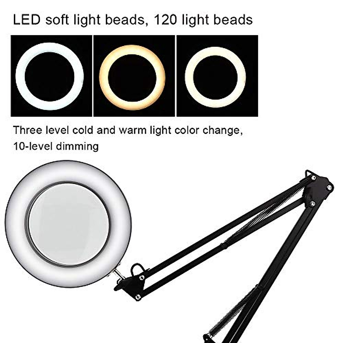 ZJchao Magnifier Lamp, 12w USB Clip on Table Lamp Foldable 5X Magnifying Glass LED Eye Caring Lamp for Reading Working Jewelry Makers Skincare Beauty(Black)