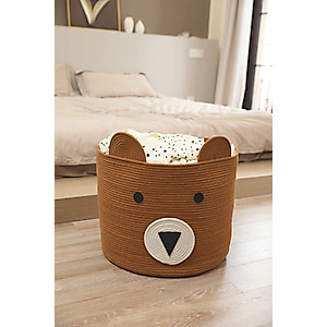 Bear Basket, Animal Basket, Large Cotton Rope Basket, Large Storage Basket, Woven Laundry Hamper, Toy Storage Bin, for Kids Toys Clothes in Bedroom, Baby Nursery, Orange Brown 18"x15"