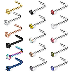 Hoeudjo 18G Surgical Steel Mix Color Diamond CZ Nose Stud Rings L Shaped Nostril Pin Piercing Jewelry for Women Men 2mm 16PCS Silver Rose Gold Black