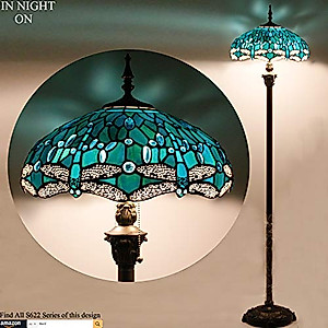 WERFACTORY Tiffany Floor Lamp Dragonfly Green Stained Glass Standing Reading Light 16X16X64 Inches Antique Pole Corner Lamp Decor Bedroom Living Room Home Office S622 Series