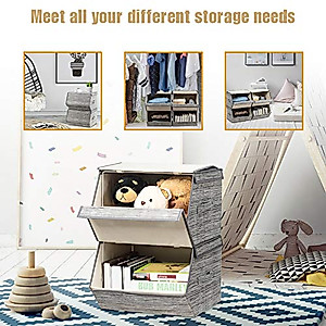 Giantex Storage Bins Set of 4 Stackable Cubes Fabric Baskets w/Lid, Side Handles, Magnetic Linen Container Boxes for Toys, Clothes, Files Foldable Closet Organize Bags 15”x14”x10” (Gray)