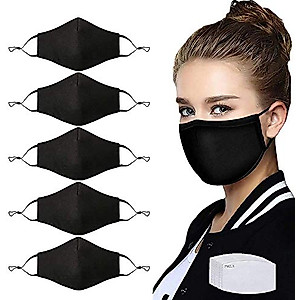 NBDIB 5 Pcs Adult Unisex Reusable Washable Adjustable Face Protection with Filter Pocket and Nose Wire Black Breathable Cotton Dust Cloth Mask with 10Pcs Replacement Carbon Filters for Man and Women