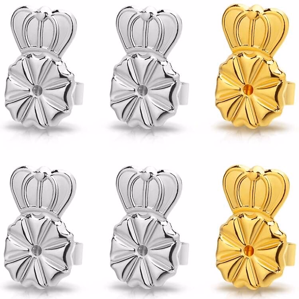 3 Pairs Earring Backs for Droopy Ears,10MM Adjustable Crown Large Earring Backs for Heavy Earring,18K Gold Plated Hypoallergenic Earring Lifters Secure Earring Backs for Studs(White+Gold)