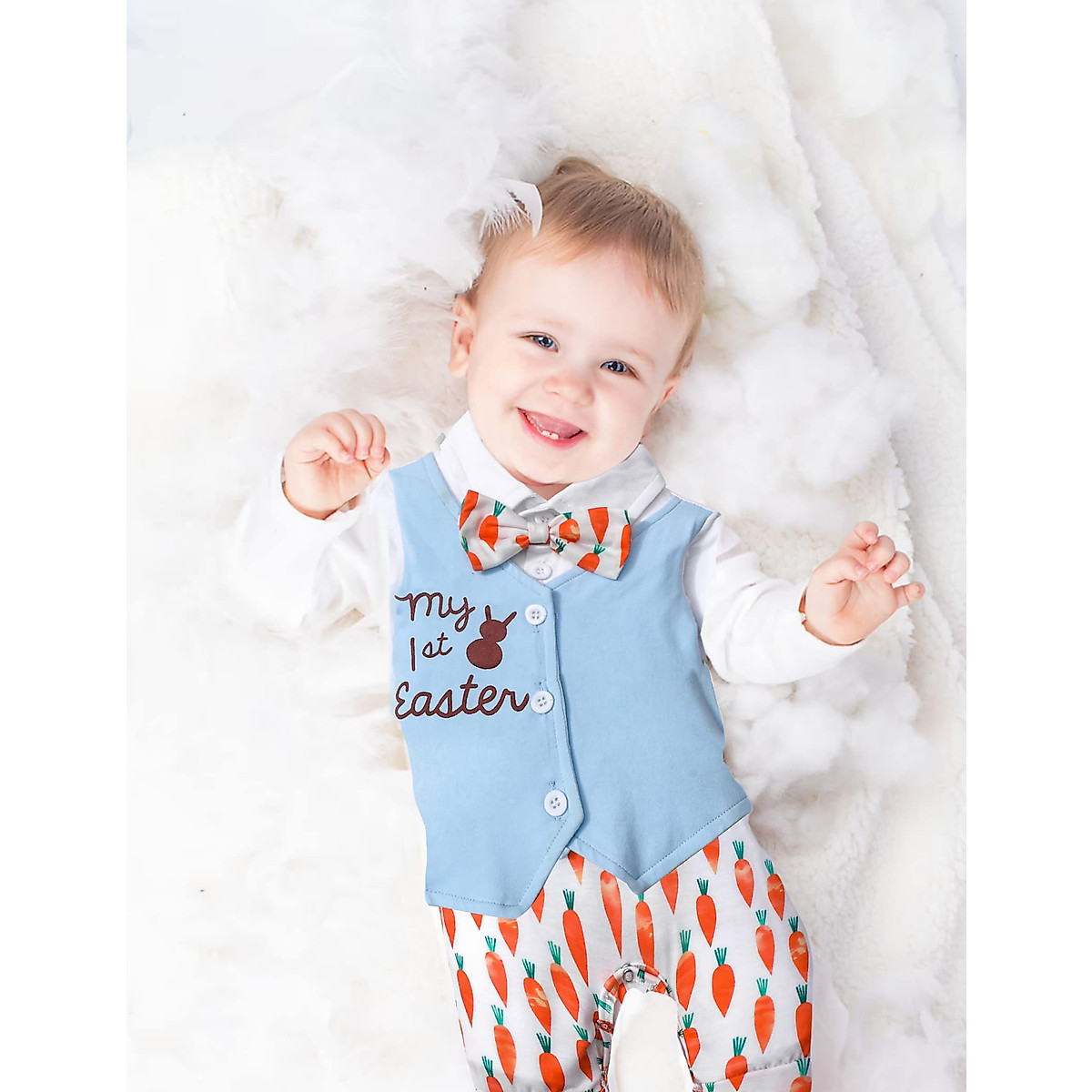 Aulyffo My First Easter Baby Boy Outfit 9-12 Months Baby Boy Easter Outfit Long Sleeve Bunny Romper Radish One Piece Jumpsuit with Bow Tie Easter Outfit Baby Boy Clothes