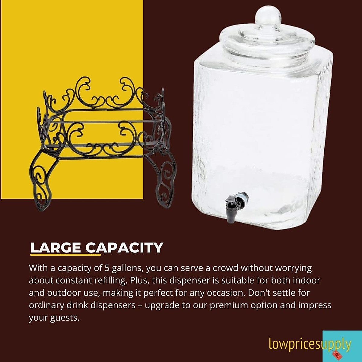 5 Gallon Hammered Glass Beverage Dispenser with Metal Stand (10 gallons)