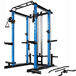 RitFit Multi-Function Power Rack Cage PPC03 with Adjustable Cable Crossover System,1000LBS Capacity, Full Home Gym Workout with J-Hook, Landmine and Other Attachments-Blue