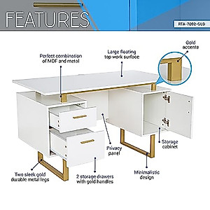 Techni Mobili Storage Drawers and Cabinet 51.25” W-Modern Office Large Floating Desktop Surface Desk, 23.6" D x 51.2" W x 29.8" H, White/Gold