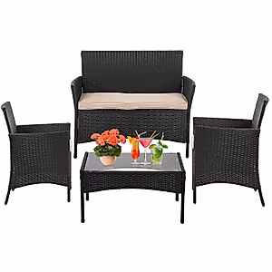 Dopinmin 4 Piece Patio Furniture Set, Outdoor Furniture Set Patio Wicker Conversation Set Bistro Sets Sectional Sofa Set for Lawn Backyard Pool Garden,Black Rattan & Khaki Cushion