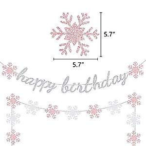 Winter Happy Birthday Banner Decoration Girl Party Decoration Glitter Snowflake Garland Pink Silver Wall Hanging Christmas Holiday Supplies