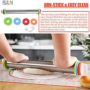 RJUN Stainless Steel Rolling Pin with Thickness Rings and Pastry Mat Set for Baking Cookie Chapati Fondant Dough Pastry Pizza Pie Crust