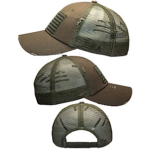 Antourage American Flag Unconstructed Hat for Men and Women Twill Mesh Snapback Baseball USA Flag Cap + 2 Patriotic Patches ((02) Olive Distressed Mesh Snapback)