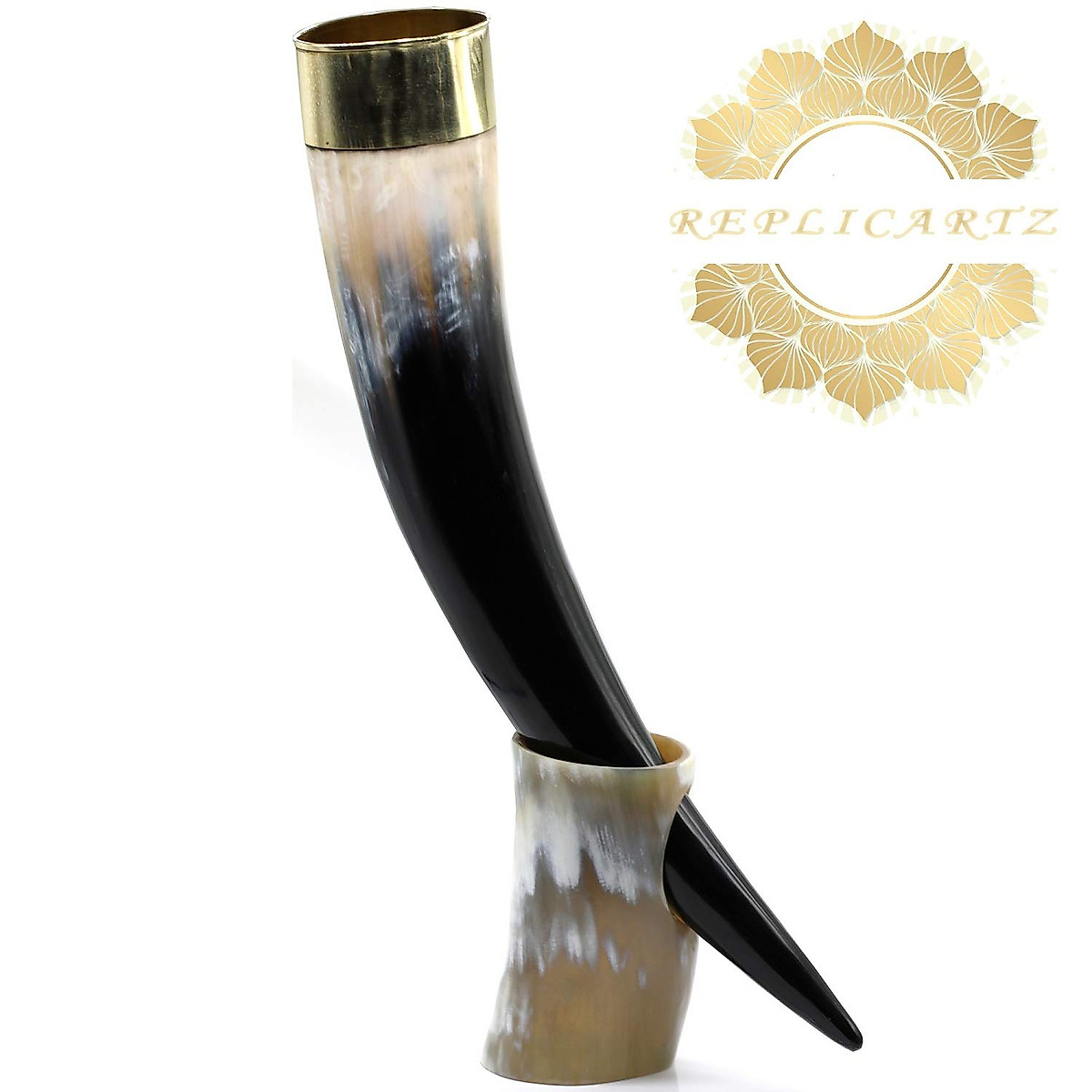 Natural FInish Authentic Handcrafted Viking Drinking Horn - 12" Natural - Best for Beer, Mead, Ale… (Brass Rim Polished)