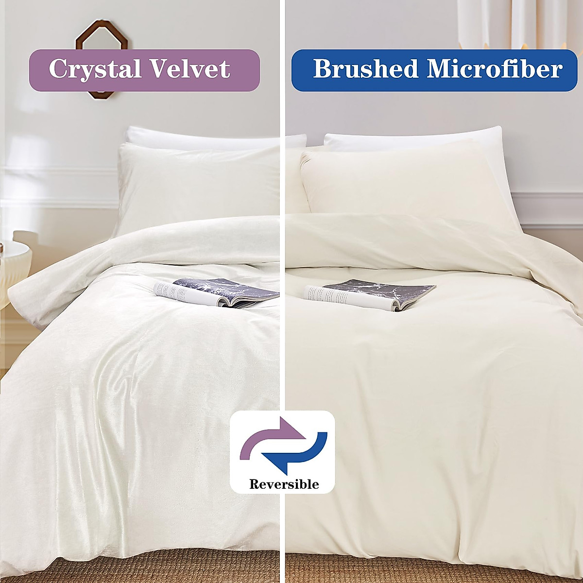 JSD White Velvet Microfiber Duvet Cover Set Queen Size, 3 Piece Reversible Duvet Cover with Pillow Shams Zipper Closure