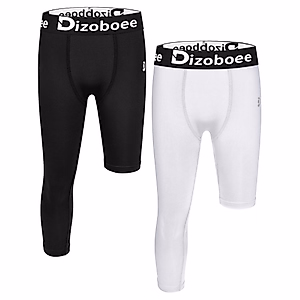 Dizoboee Youth Boys Compression Pants One Leg Short Leggings for Sports Kids Basketball Tights 2 Pack, White+Black (Left Short) S