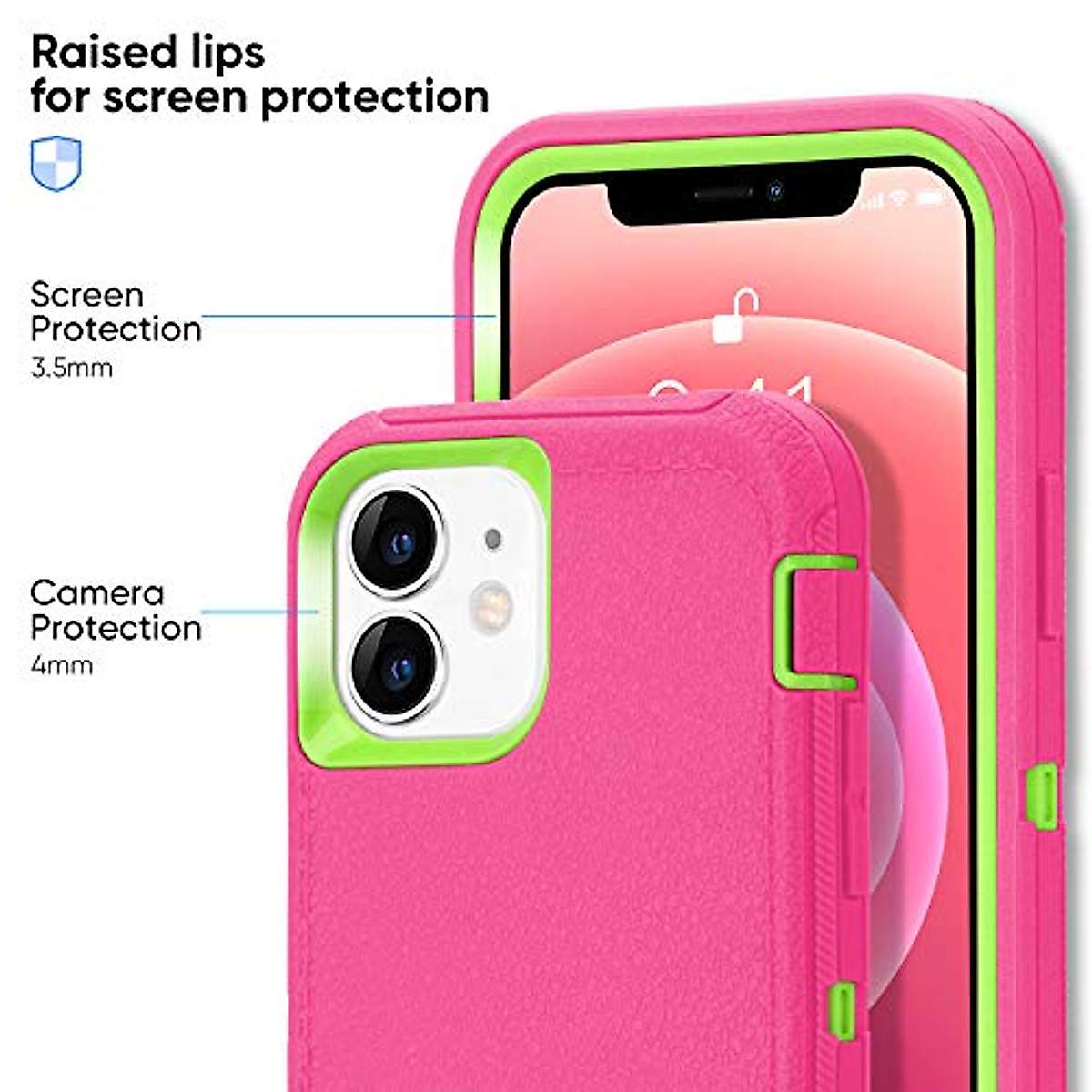 CAFEWICH Compatible with iPhone 12 Case/iPhone 12 Pro Case 6.1-Inch (2020), Heavy Duty Defender 3-Layer Rugged Shockproof Drop Protective Cover Phone Cases for iPhone 12/12Pro, Hot Pink Green