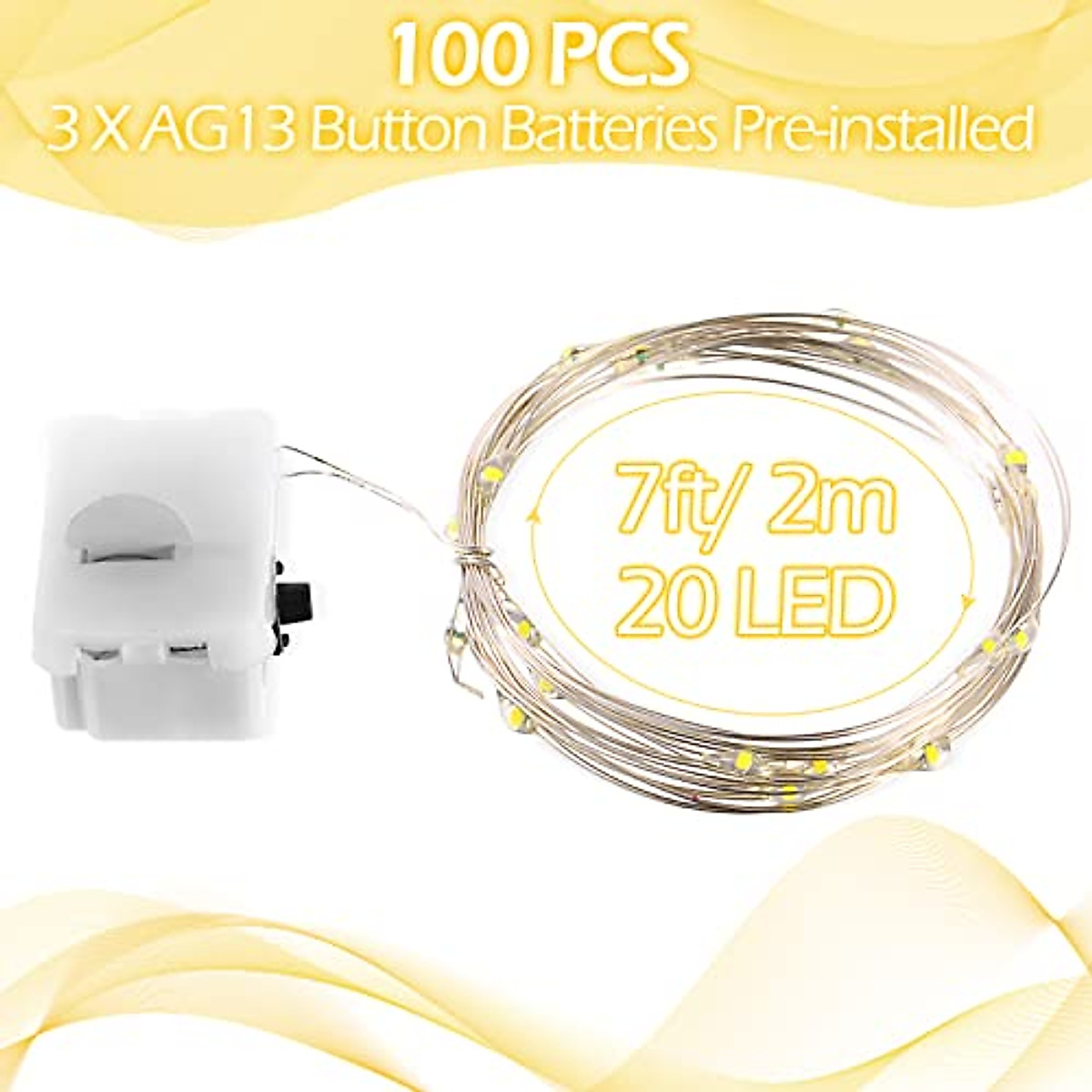100 Pack Fairy Lights Battery Operated 3 Speed Modes, 7 Ft/ 2 M 20 LED Battery String Mini Lights Waterproof Wire Twinkle Lights Party Favors for Wedding Birthday Vases Flower Decor (Warm Light)