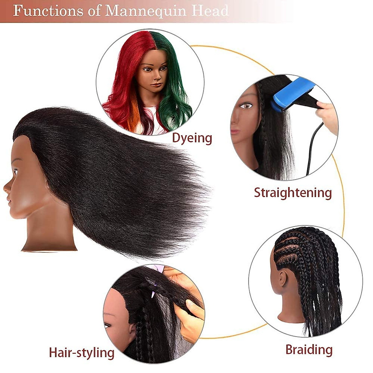 Mankainhead 100% Real Hair Mannequin Head,Training Manikin Cosmetology Doll Head,Hairdresser Girls Practice Braiding HairStyling With Clamp Holder(14Inch,Black)