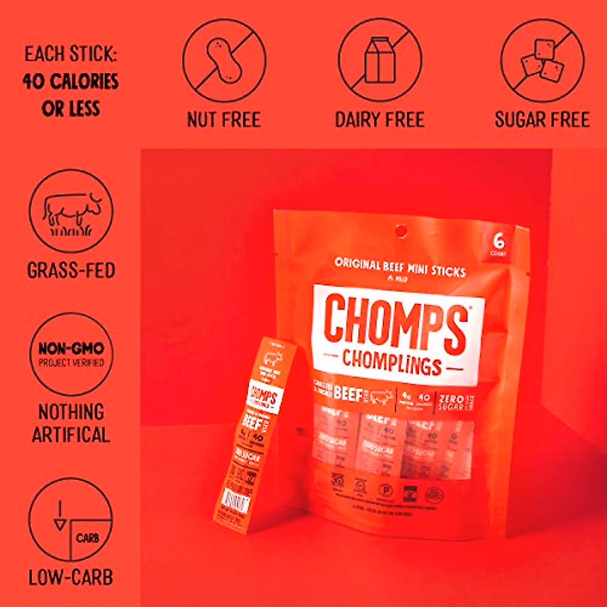 CHOMPS MINI Grass Fed Beef Jerky Meat Snack Sticks 0.5 Oz, Original Beef (Pack of 6)